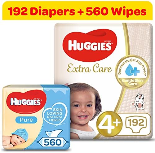 Huggies Extra Care, Size 4+, 192 Diapers + 560 Pure Wet Wipes price in ...