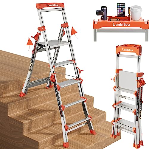 LANBITOU Ladder, 5 Step Ladder 3 Step Folding Step Stool with Handrails ...