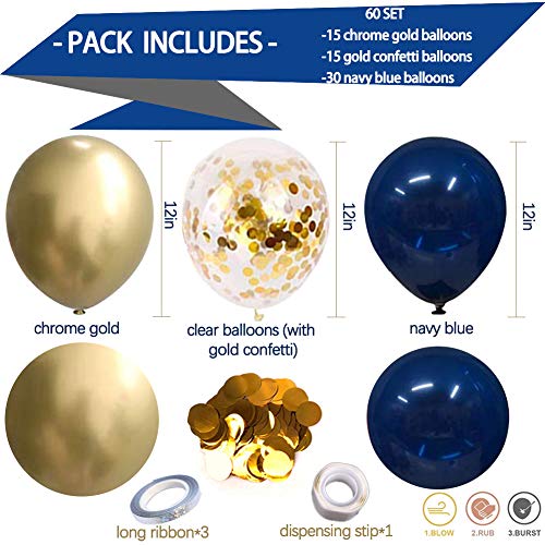 Navy Blue and Gold Confetti Balloons 60 pcs 12 in Gold Metallic Chrome Birthday Balloons for ...