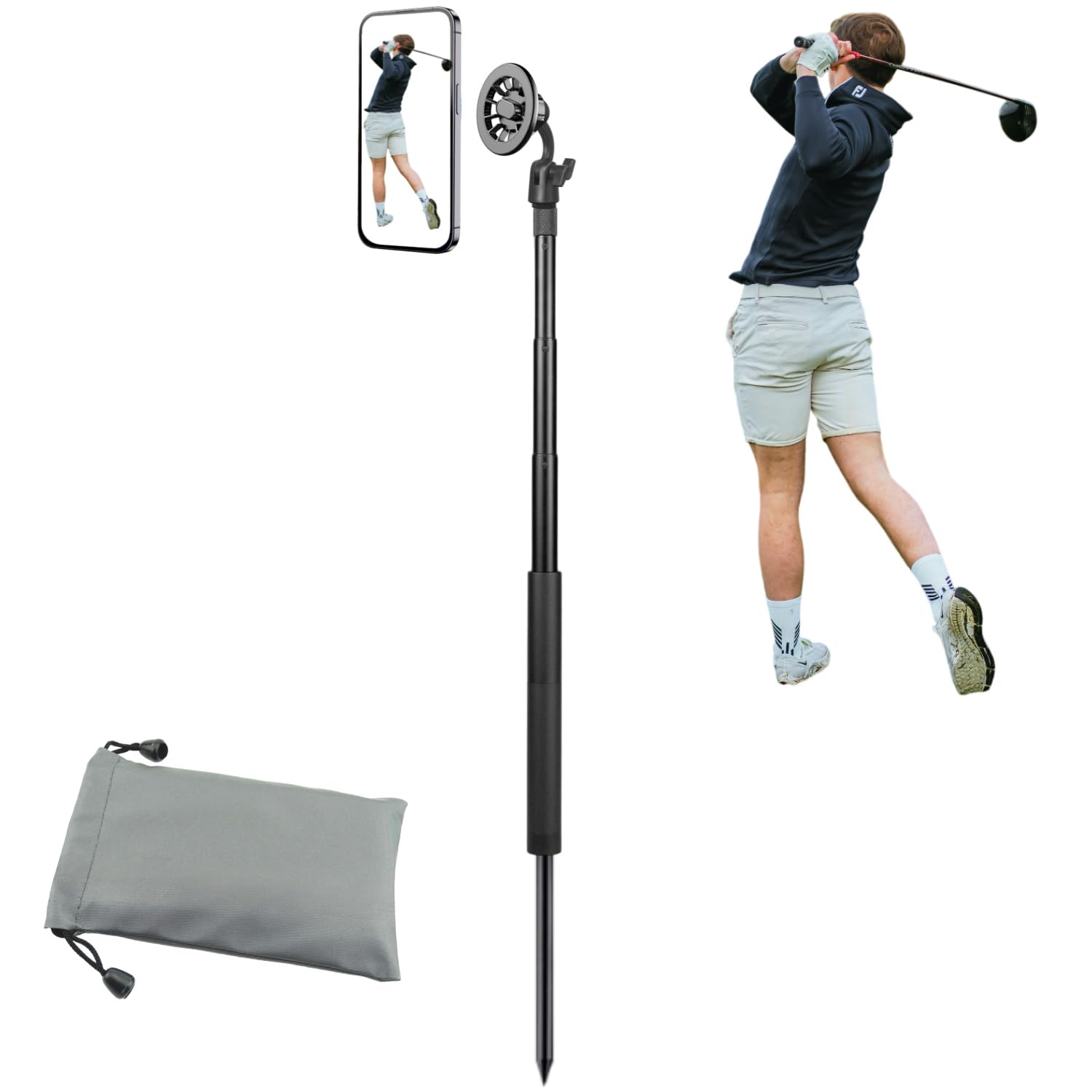 Golf Monopod Selfie Stick with Ground Spike Stake, Golf Swing Analyzer ...