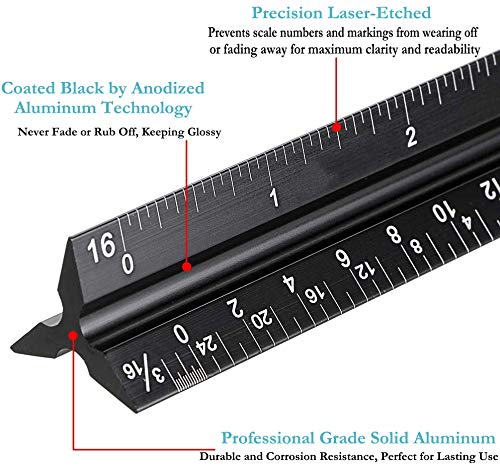 Architectural Scale Ruler, 12 Inch Triangular Aluminum Architect Scale ...