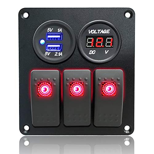 IZTOSS 3 Gang Rocker Switch Panel with DC12V/24V Voltmeter 3.1A(2.1A+1A ...