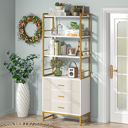 Tribesigns Gold White Bookshelf with 3 Drawers, Tall Ladder Shelf ...