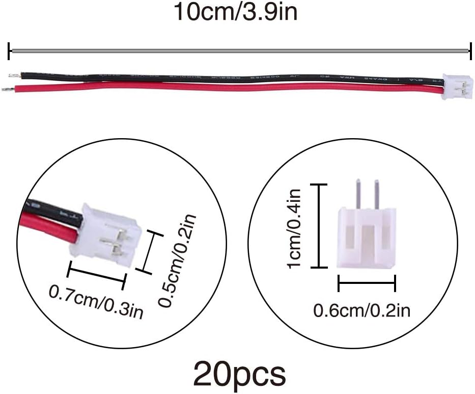 YIXISI 20 Pairs Mini Micro Jst 2.0 Ph 2-Pin Connector Plug Male with 100mm Cable & Female ...