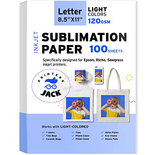 Printers Jack Sublimation Paper - 8.5 x 11 Inches, 100 Sheets 120gsm for Any Epson Sawgrass ...
