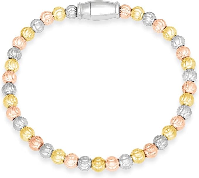 iJewelry2 Tri-color Sterling Silver Diamond-cut Beads Magnetic Bracelet ...