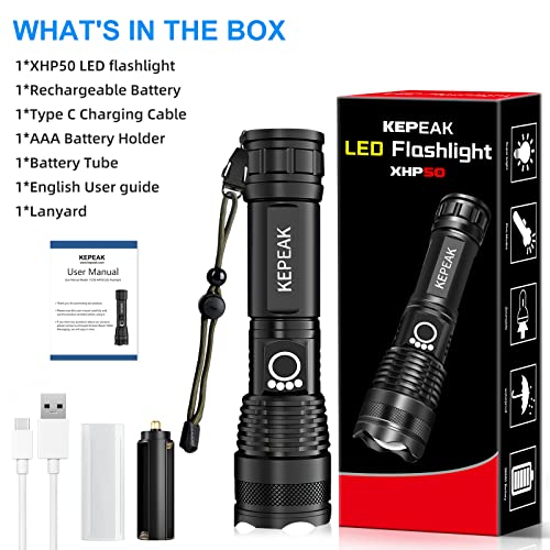 KEPEAK Flashlight, Rechargeable 5000 High Lumen Tactical Handheld ...