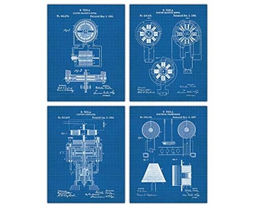 Vintage Nikola Tesla Blueprint Patent Print, Set of 4, 8x10 Aesthetic ...