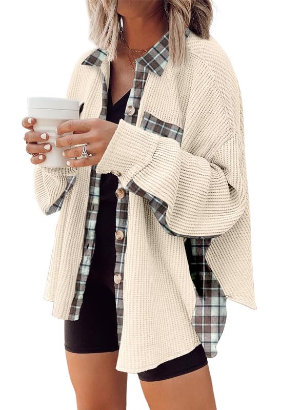 SHEWIN Womens Waffle Knit Plaid Shacket Jacket Casual Loose Batwing ...