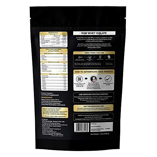 Six Pack Nutrition Raw Whey Protein Isolate 90% - 27 g Protein, 6 g BCAA, 12 g EAA's Per