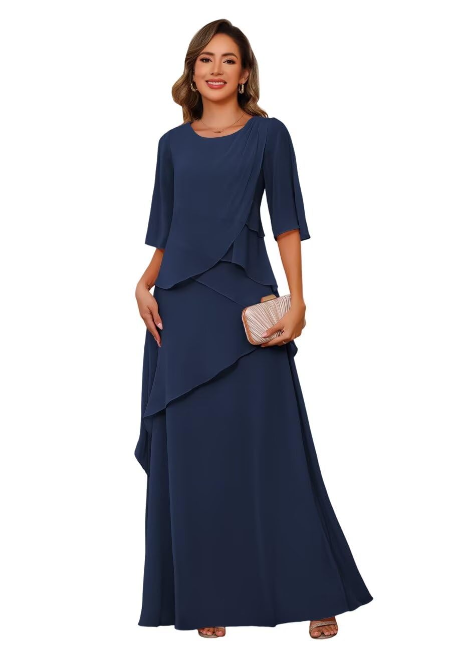 PUXIU Long Navy Plus Size Crew Neck Chiffon Ruffles Mother of The Bride ...