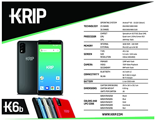 Krip Unlocked Smartphone Android OS-10 Go Edition Mobile Phone K6b ...