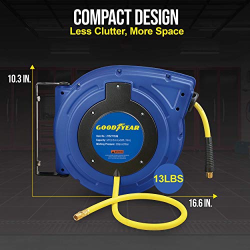 Goodyear Air Hose Reel Retractable 3/8" Inch x 50' Foot Hybrid Polymer Hose Max 300PSI ...