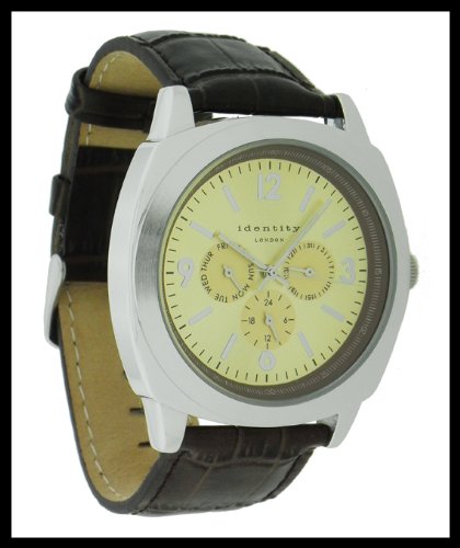 IDENTITY LONDON ELITE MENS CREAM MULTI-DIAL BROWN LEATHER STRAP WATCH ...