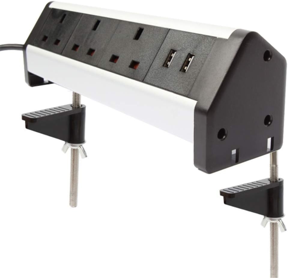 Desktop Power Socket Extension with 2 USB,3 UK Plug and 2 Mount Clamp ...