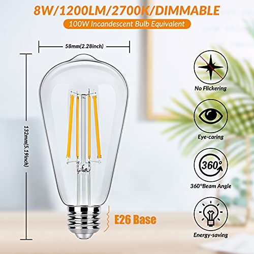 Dimmable Vintage LED Edison Light Bulbs 100W Equivalent, 8W ST58 Warm White 2700K 1200Lumens ...