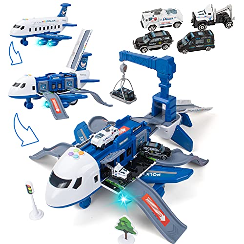 UNIH Transport Cargo Airplane Toy with 4 Toy Cars, Kids Police Airplane ...