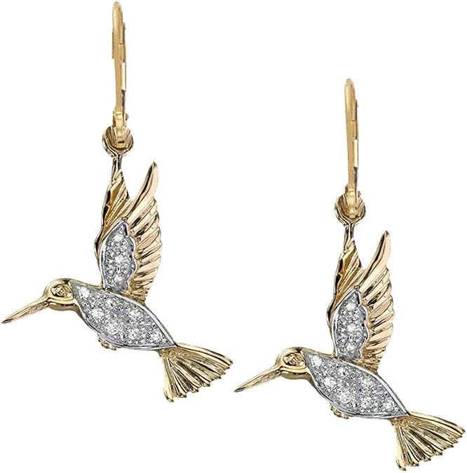 Amazon.com: 14K Yellow Gold Hummingbird Diamond Earrings (Leverback ...
