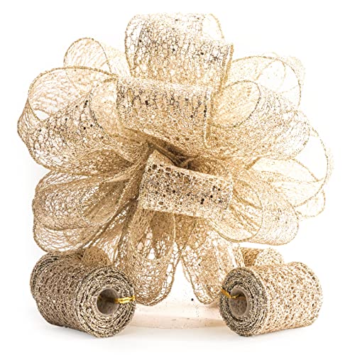 CT CRAFT LLC Champagne Gold Glitter Mesh Christmas Tree Topper Bow 11 ...