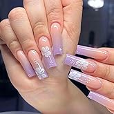 Amazon.com: Foccna Long Press on Nails Pink Square French Fake Nails Summer Nails Purple Full ...