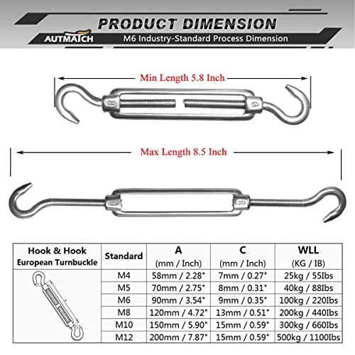 AUTMATCH M6 Stainless Steel 304 Turnbuckle Hook and Hook Light Duty ...