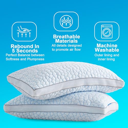 QUTOOL Luxury Cooling Memory Foam Pillows 2 Pack, Bamboo Bed Pillows Standard Size Set of 2 ...