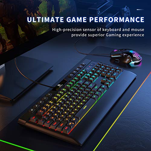 RUNMUS Gaming Keyboard and Mouse Combo, RGB Rainbow Backlit, Wired 104 ...