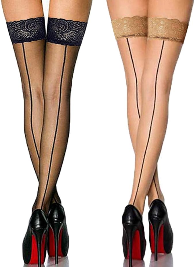 Vintage Nylon Lace Top Thigh High Stockings with Back Seam for Women ...