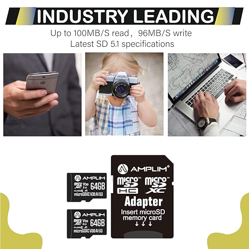Amplim Micro SD Card 64GB, 2 Pack Extreme High Speed MicroSD Memory Plus Adapter, MicroSDXC U3 ...