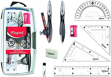 Maped Study Geometry 10 Piece Set, Includes 2 Metal Study Compasses, 2 ...
