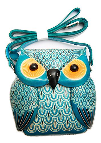 PurseWorld Women's Handmade Leather Owl Shoulder Bag Blue