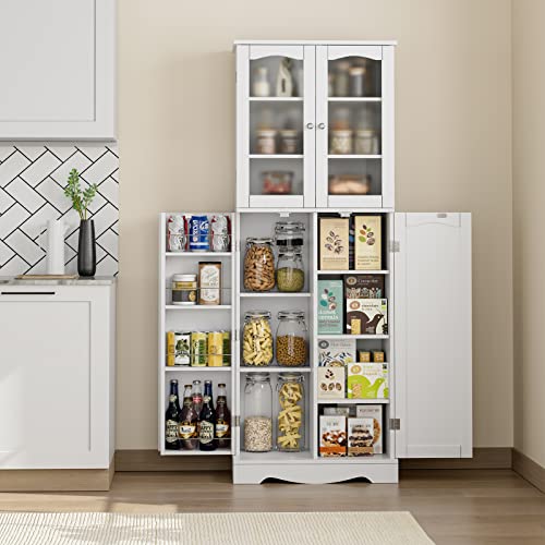 HORSTORS 64" Kitchen Pantry Cabinet, Modern Tall Cabinet with Glass ...
