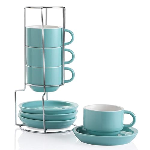 Sweejar Porcelain Espresso Cups with Saucers, 4 Ounce Stackable ...
