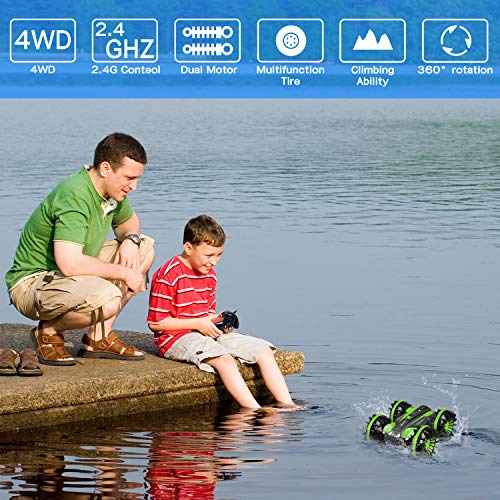 YEZI Amphibious RC Stunt Car for Kids 2.4 GHz 4WD Remote Control Boat Waterproof RC Monster ...