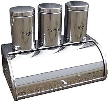 Stainless Steel 4pc Bread Bin Set Kitchen Tea Sugar Coffee Jar Bin ...