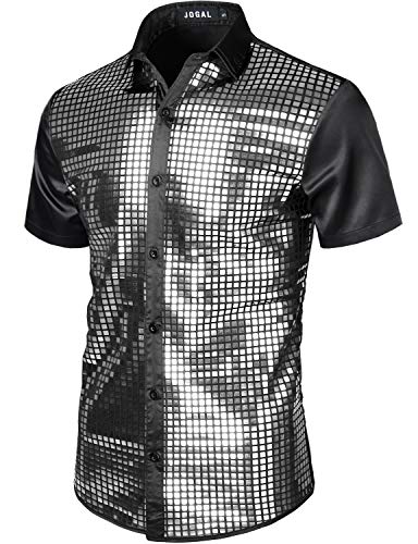 JOGAL Mens 70s Disco Costume Silver Sequins Short Sleeve Button Down Shirts Medium Black ...