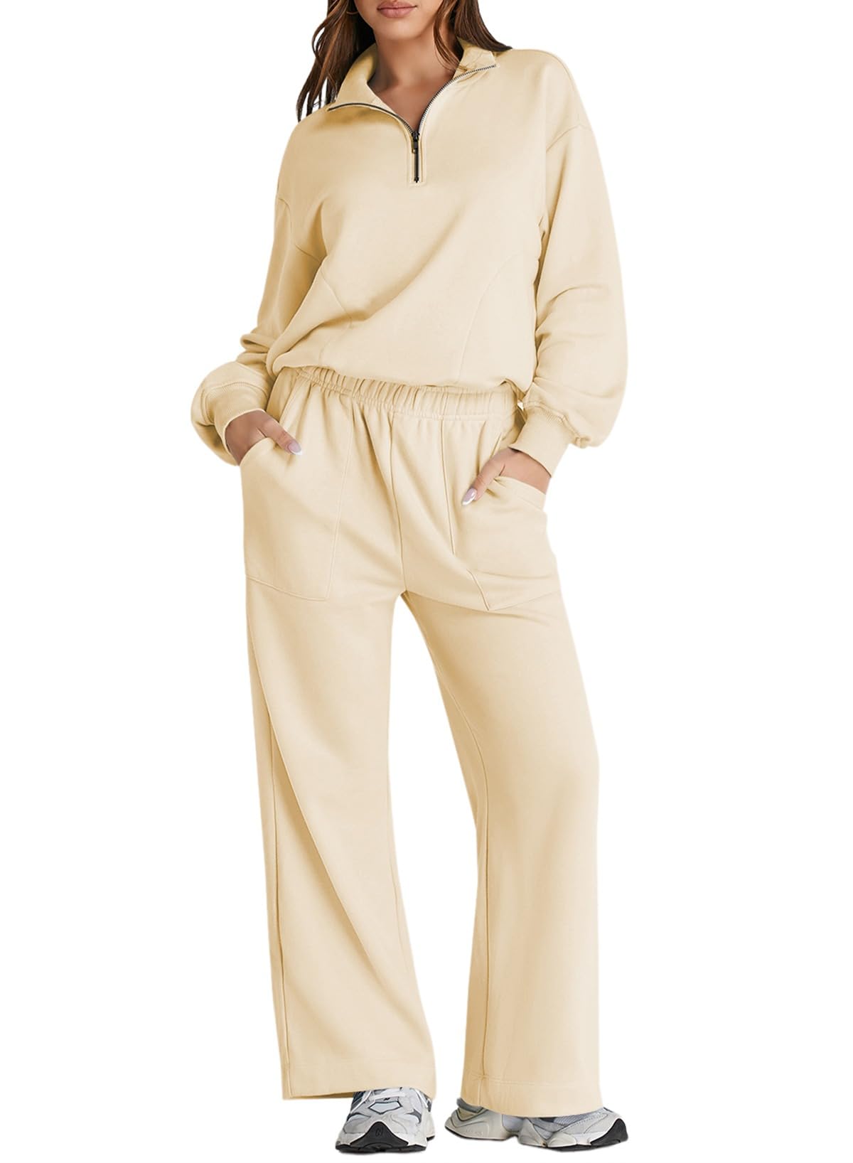 Herseas Women Two Piece Beige Airport Outfits Wide Leg Sweatpants ...