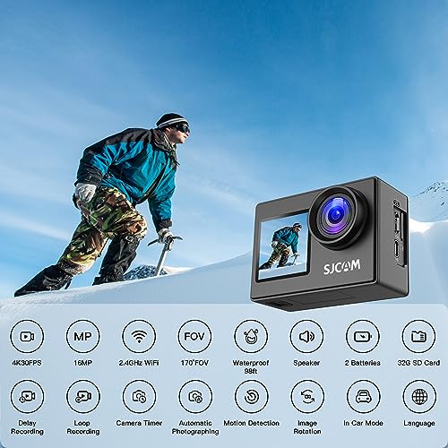 SJCAM Upgraded SJ4000 Action Camera 4K Ultra HD Dual Screen, 98FT Waterproof Underwater Camera ...
