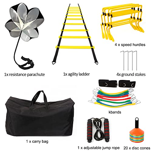 HOTOOLME Speed Agility Training Equipment Set - Includes Agility Ladder, Running Parachute, 8 ...