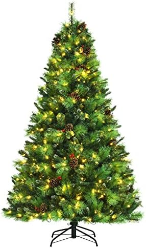 Goplus 7ft Artificial Christmas Tree with Lights, Hinged Pre-lit Xmas ...