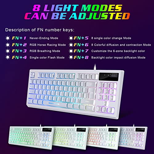 RGB White Gaming Keyboard and Mouse Combo,87 Keys USB Wired RGB Gaming ...