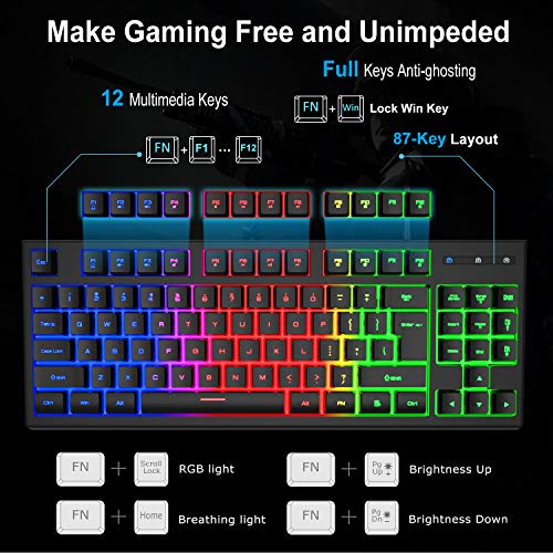 Mftek Rgb 87 Keys Gaming Keyboard And Mouse Combo With Large Mouse Pad Usb Wired Rainbow