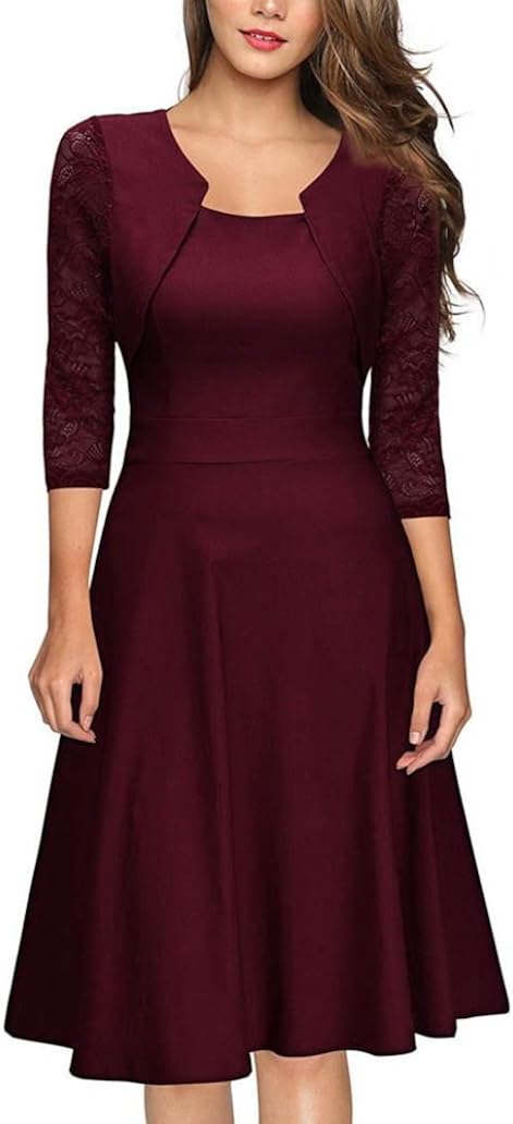 Longra Damen Abendkleid Elegant Cocktailkleid Vintage Sommerkleider Knielanges Damen 3/4 Arm ...