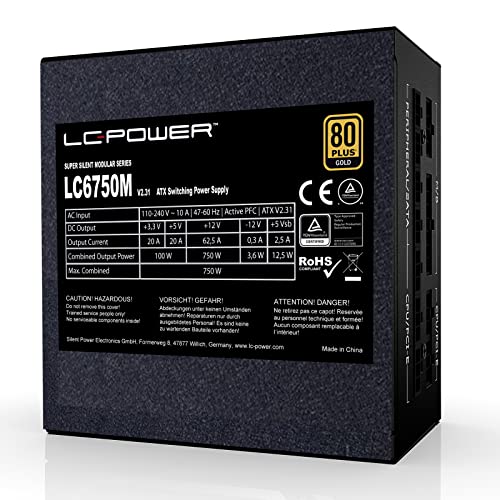 LC-Power PC 750W Power Supply, Super Silent Modular Serie 80+ Gold, Full Modular PSU 750 Watt ...