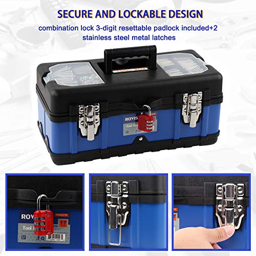 ROVISA Portable Tool Box 17-Inch Lockable Metal And Plastic Toolbox With Removable Tool Tray And ...