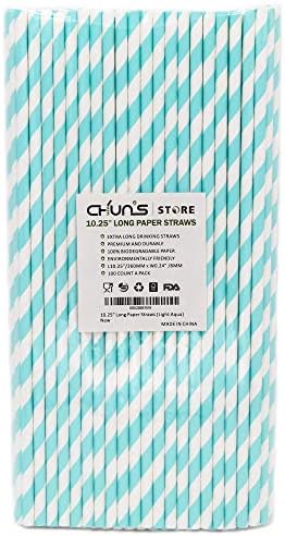 Aqua Paper Straws, 10 Inch Extra Long, 100 Count, Light Blue and White ...