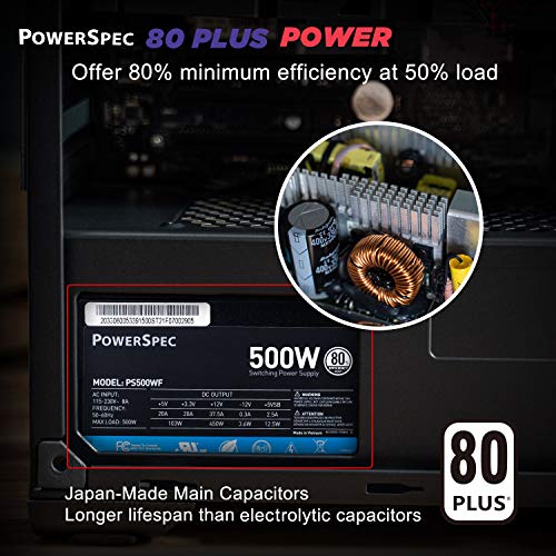 PowerSpec 500W Power Supply 80 Plus Certified Fixed Cable Non-Modular ...
