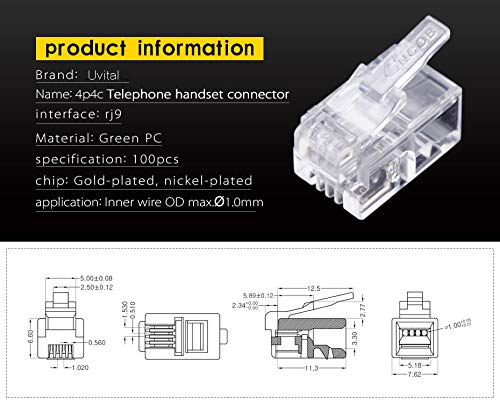100 Pack RJ9 4P4C 4P2C Plug, Uvital Standard Telephone Handset Modular ...