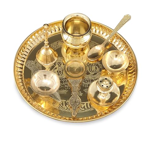 BENGALEN Brass Pooja thali Set 8 Inch with Pital Plate Kalash Spoon ...