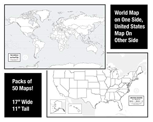Educational Blank Outline Maps, 2-Sided World & US, 17" x 11", 50-Pack ...